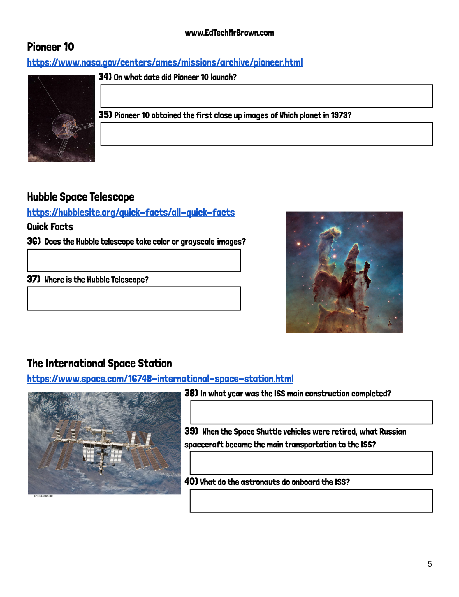Astronomy: Space Exploration Web Scavenger Hunt